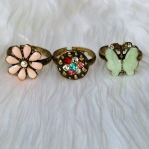 J. Crew | Jewelry | J Crew Set Of 3 Adjustable Rings Flower Butterfly ...